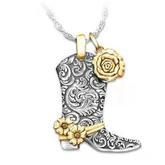 unbranded | Jewelry | Pendant Necklace Western Cowgirl Boot Yellow Rose ...